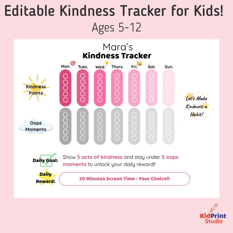 Kindness Chart for Girls – Pink Printable Reward Tracker for Kids Ages ...