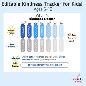 Kindness Tracker for Kids Printable • Weekly Behavior Chart Ages 5-12 ...