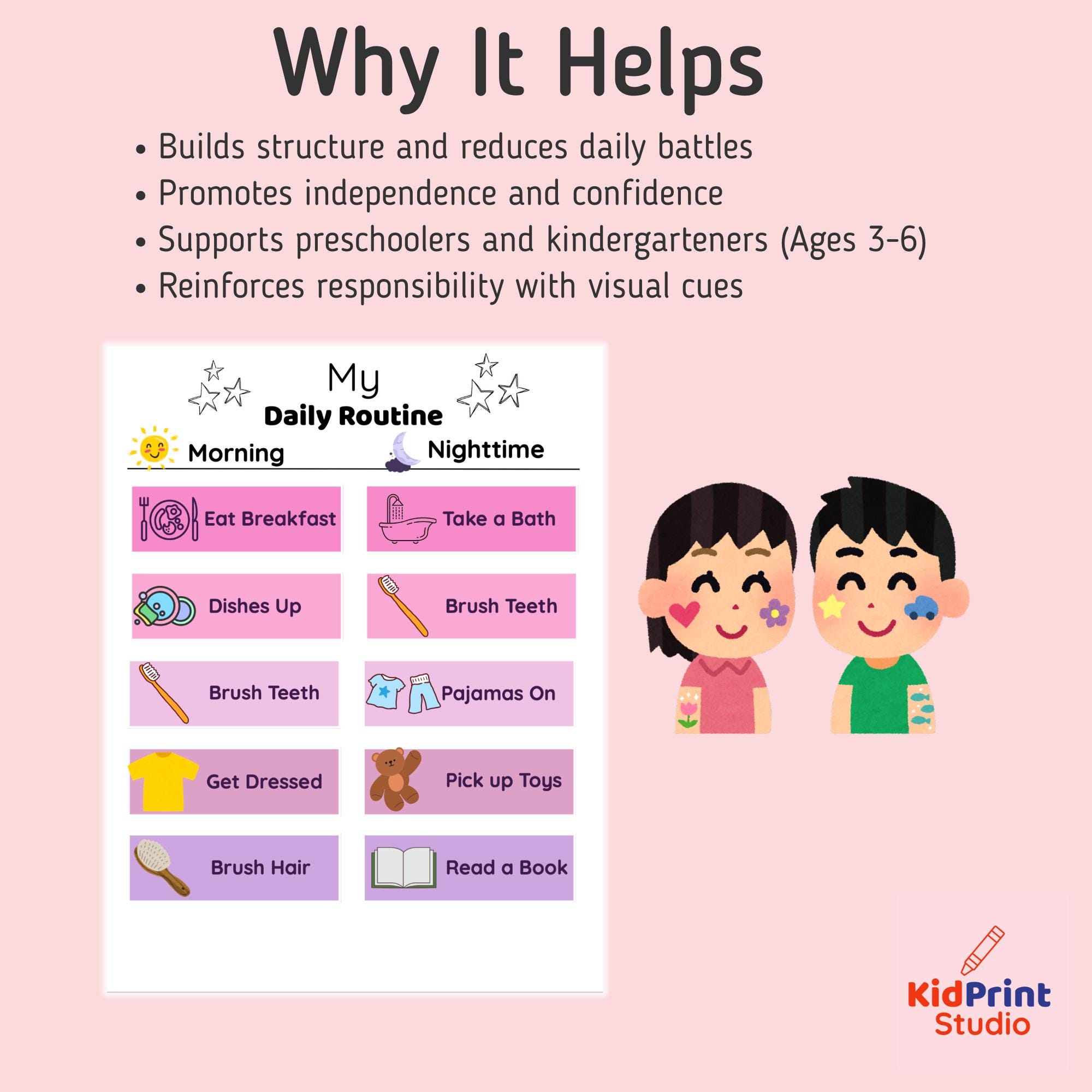 Routine Chart for Girls – Morning & Night Visual Schedule Ages 3–6 ...