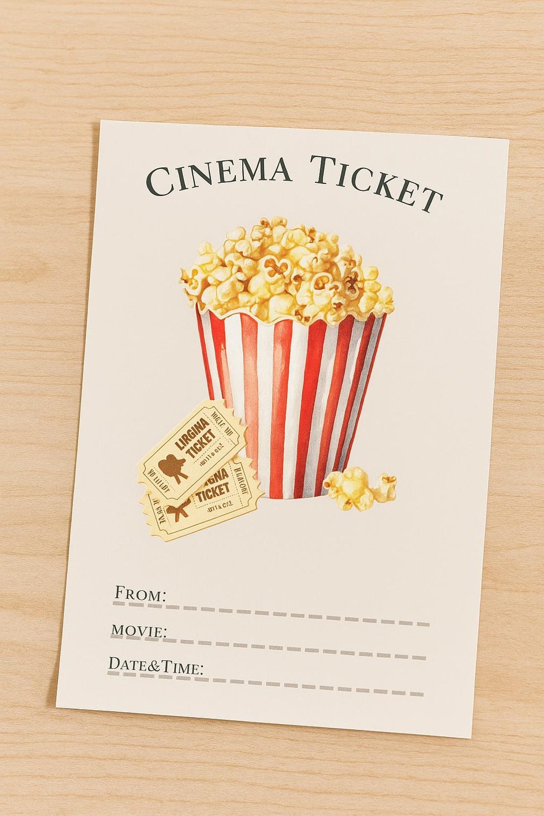 Printable Cinema Ticket Gift | A5 & A6 Movie Vouchers | Popcorn Design ...