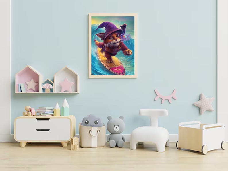 Wizard Cat Surfing Digital Download | Magical Fantasy Cat Wall Art ...