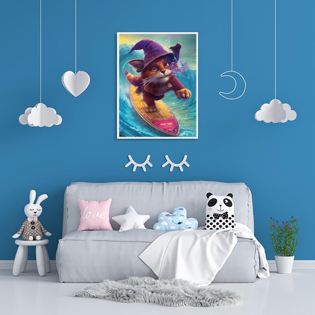 Wizard Cat Surfing Digital Download | Magical Fantasy Cat Wall Art ...