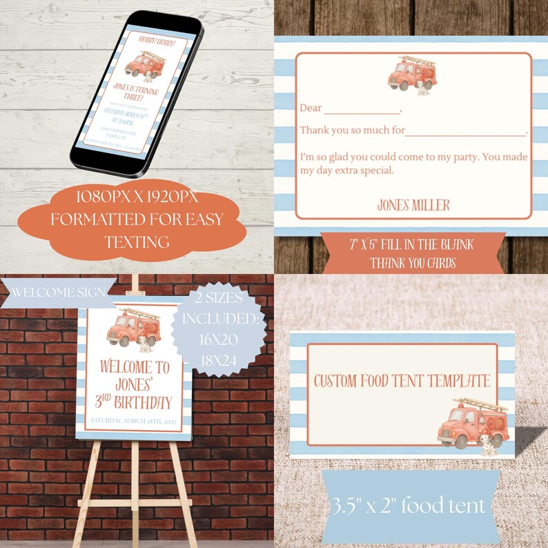 Firetruck Birthday Party Printable Bundle | Editable Canva Templates ...