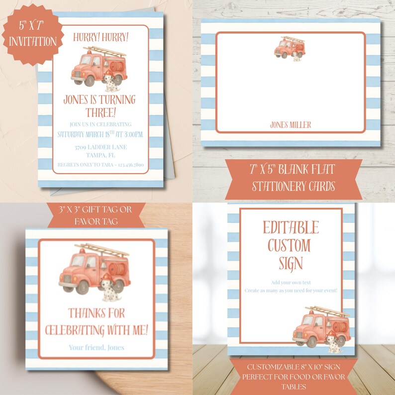 Firetruck Birthday Party Printable Bundle | Editable Canva Templates ...
