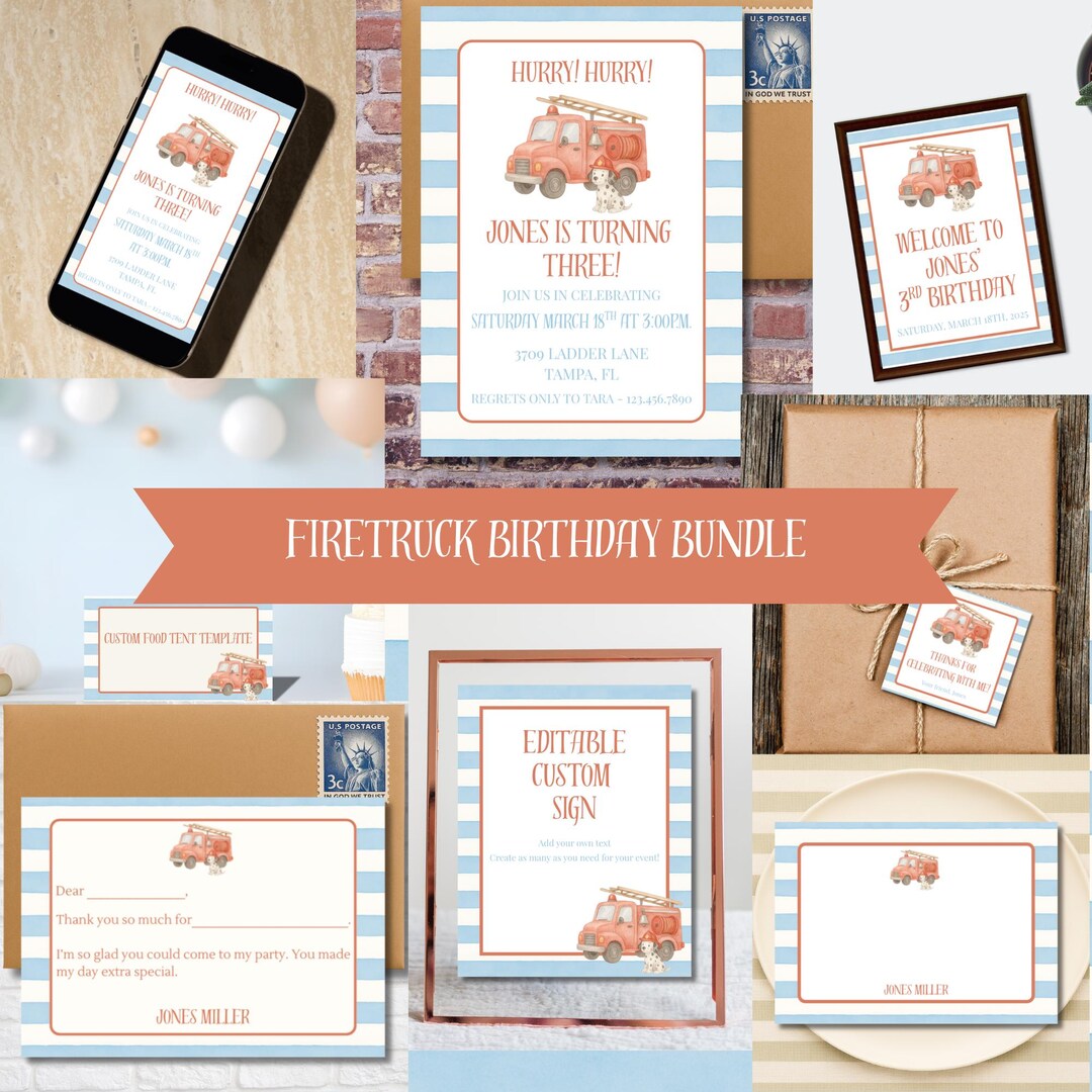 Firetruck Birthday Party Printable Bundle | Editable Canva Templates ...