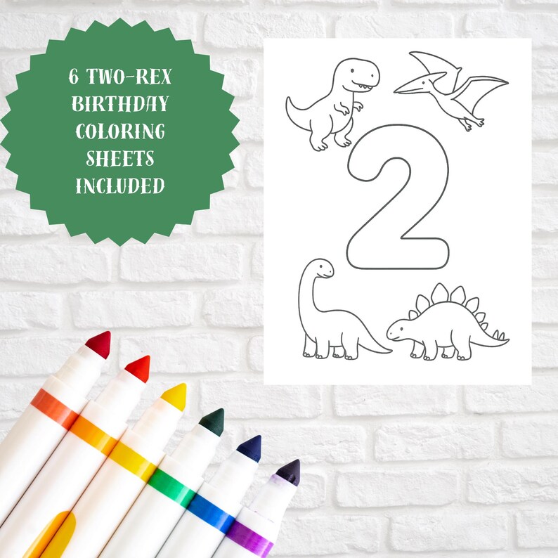 Two Rex Dinosaur Birthday Coloring Pages | 2nd Birthday Printable PDF ...
