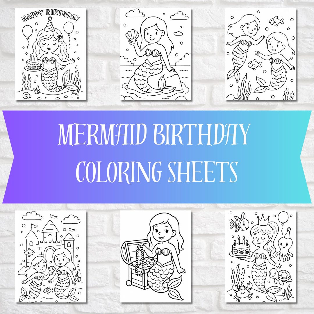 Mermaid Birthday Coloring Pages • PDF Printable Coloring Sheet Bundle ...