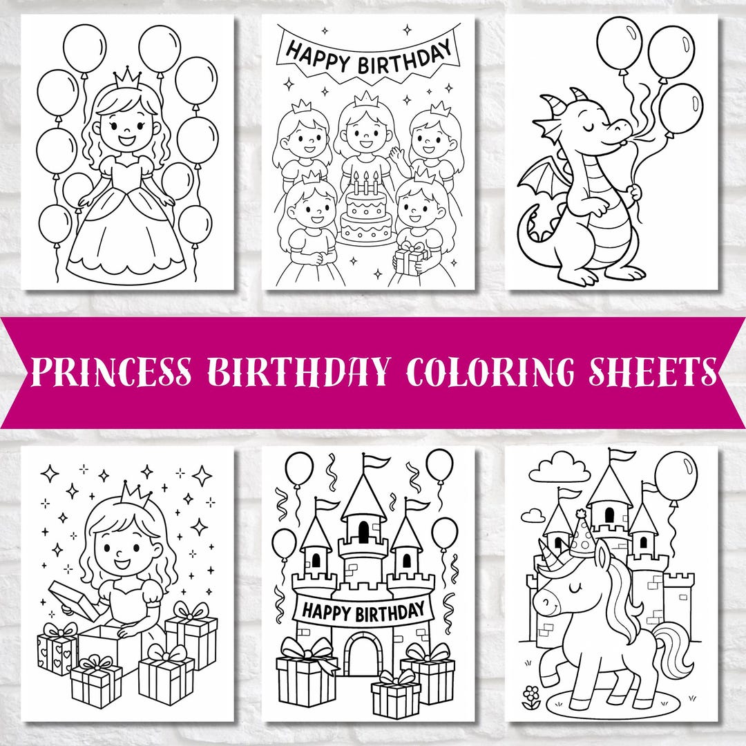 Princess Birthday Coloring Pages Bundle | 6 Printable PDF Sheets ...