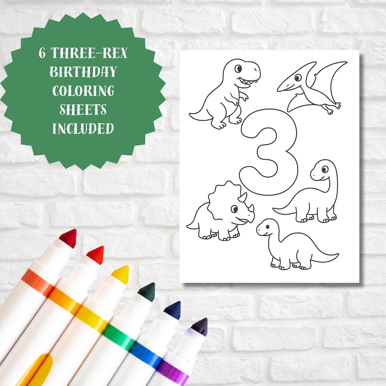 Three Rex Dinosaur Birthday Coloring Pages | 3rd Birthday Printable PDF ...