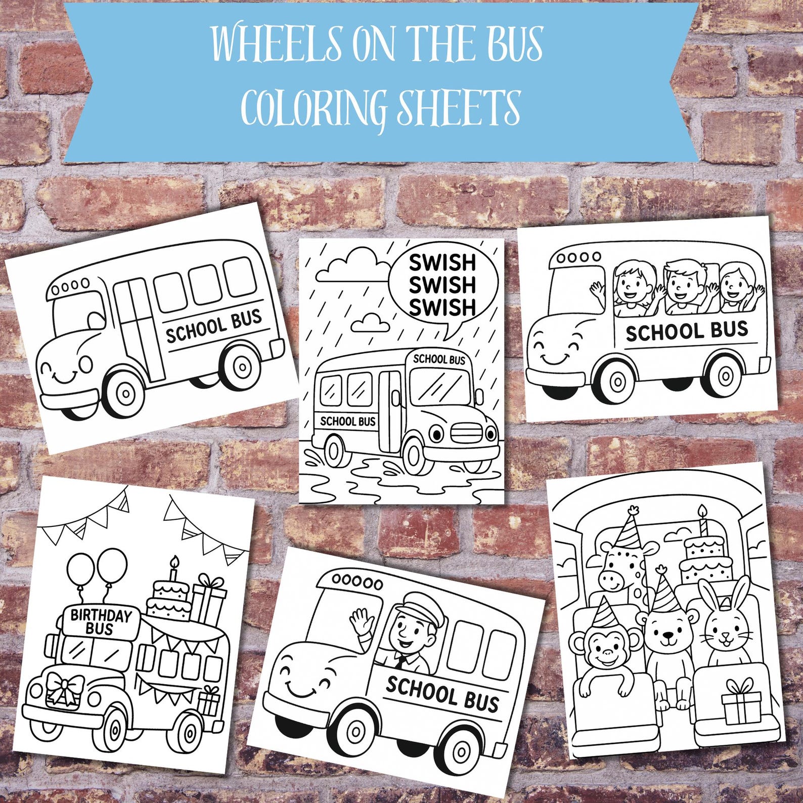 Wheels on the Bus Coloring Pages – Set of 6 – Digital Download – Bus ...