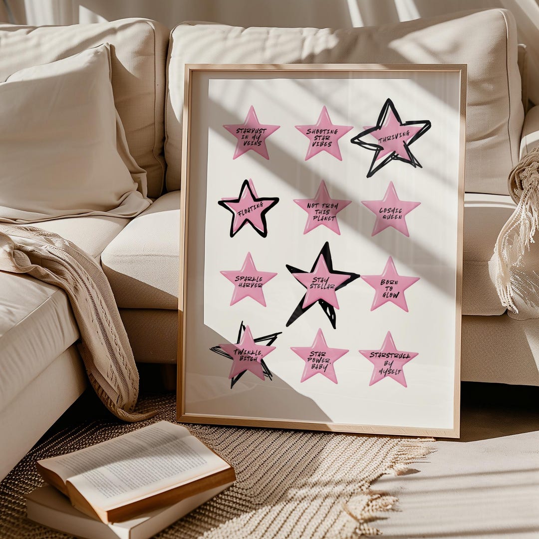 Positive Star Quote Print,trendy Pink Stars Wall Art, Preppy Poster ...