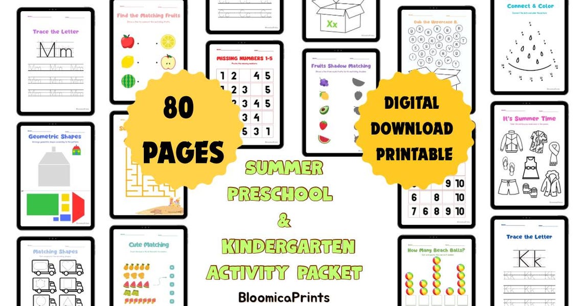 Summer Preschool Kindergarten Activity Packet, Summer Kids Activity ...