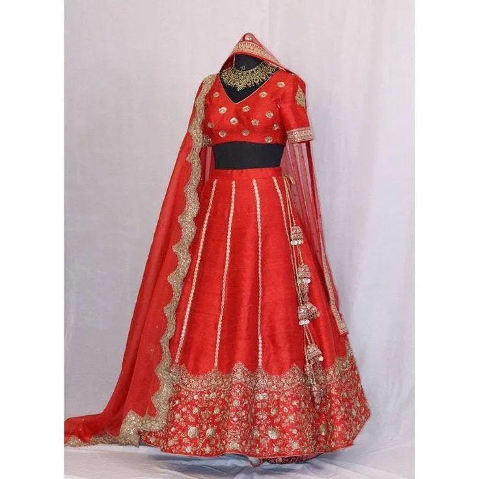 RAW SILK Red and Gold Hand Embroidered Lehenga Set - Etsy