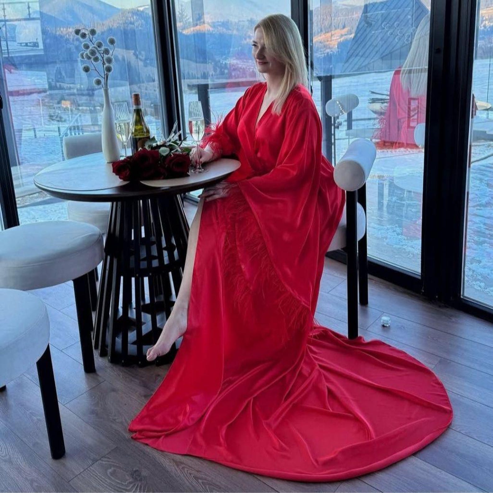 Red Bridal Robe With Feather, Luxury Feather Robe With Wide Sleeves ...