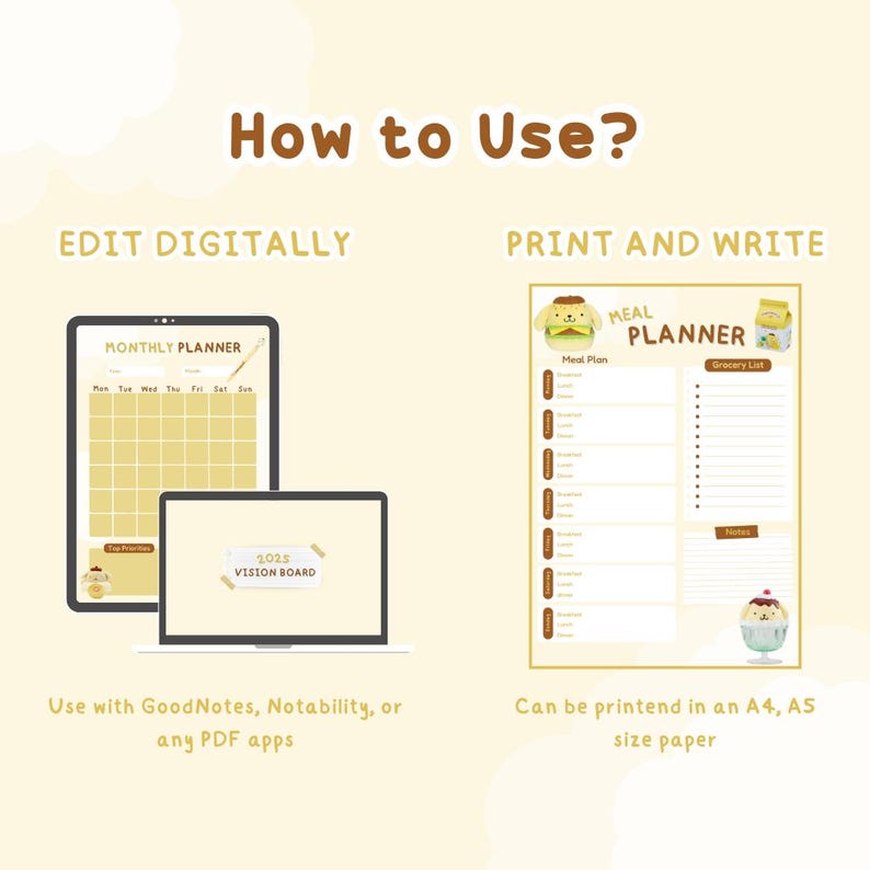 Cute Yellow Digital Planner Kawaii Goodnotes Journal With Daily Weekly ...