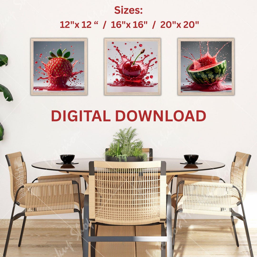 Red Fruit Splash Art Prints: Strawberry, Cherry, Watermelon (digital ...