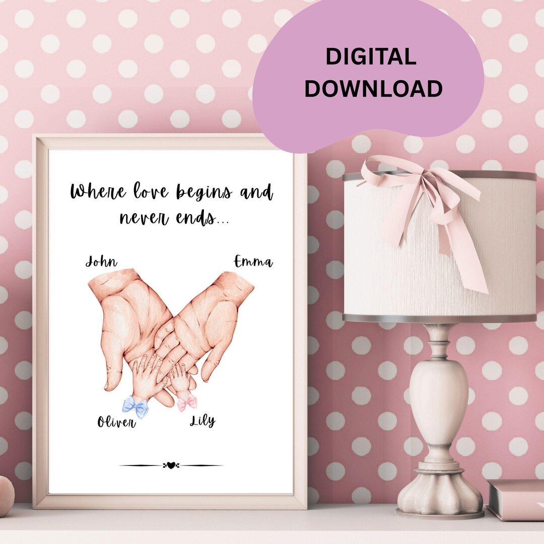 Personalized Family Hands Print: Custom Names, Pink & Blue Bow (digital ...