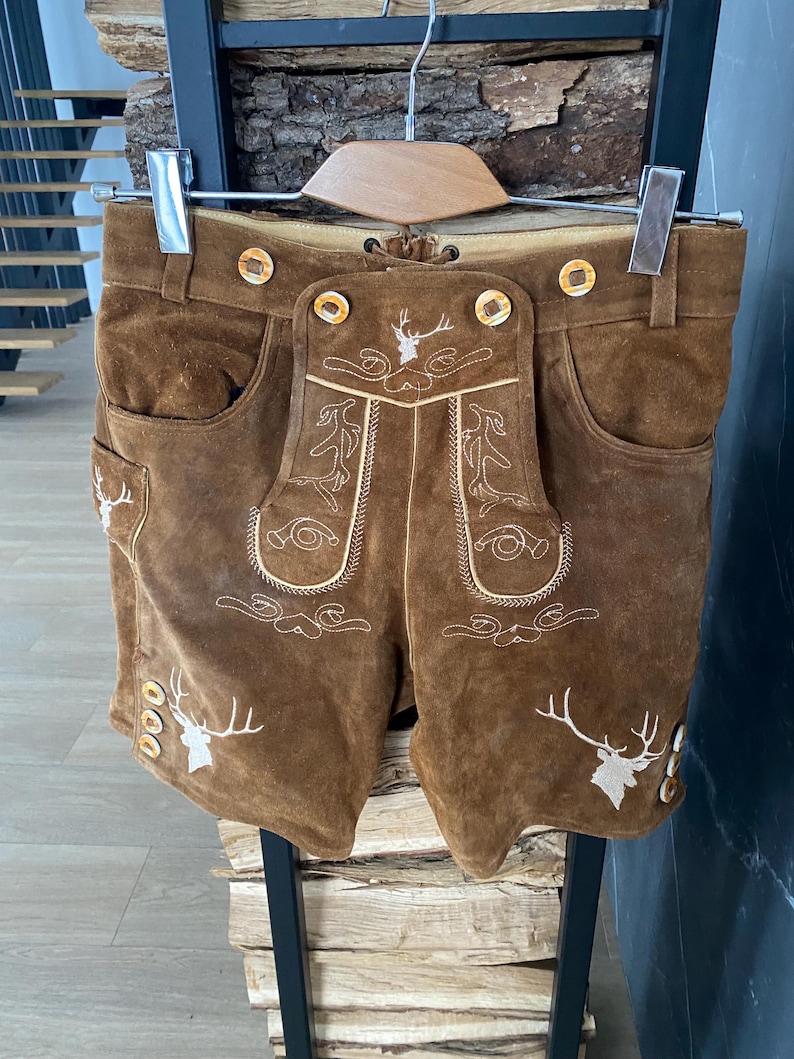 Traditional German Lederhosen Shorts , Brown Leather, Size EUR 46 (S ...