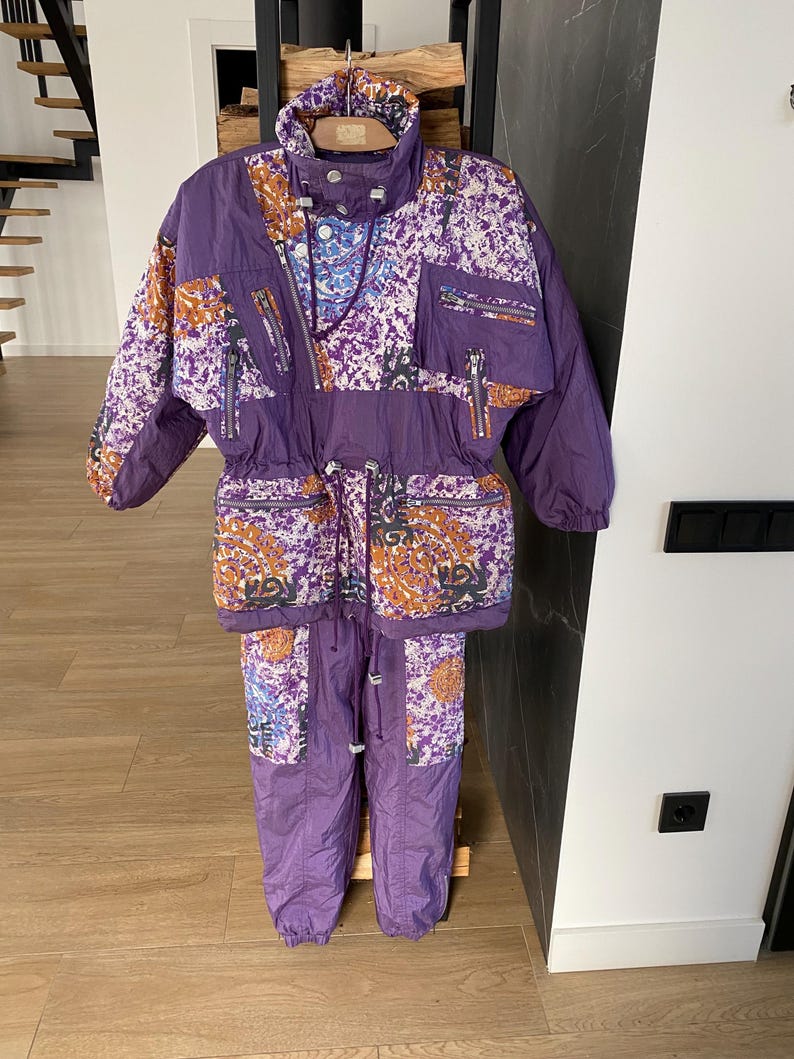 Vintage 80s 90s Kids Ski Snowsuit Purple Abstract Jacket Bib Pants Set ...