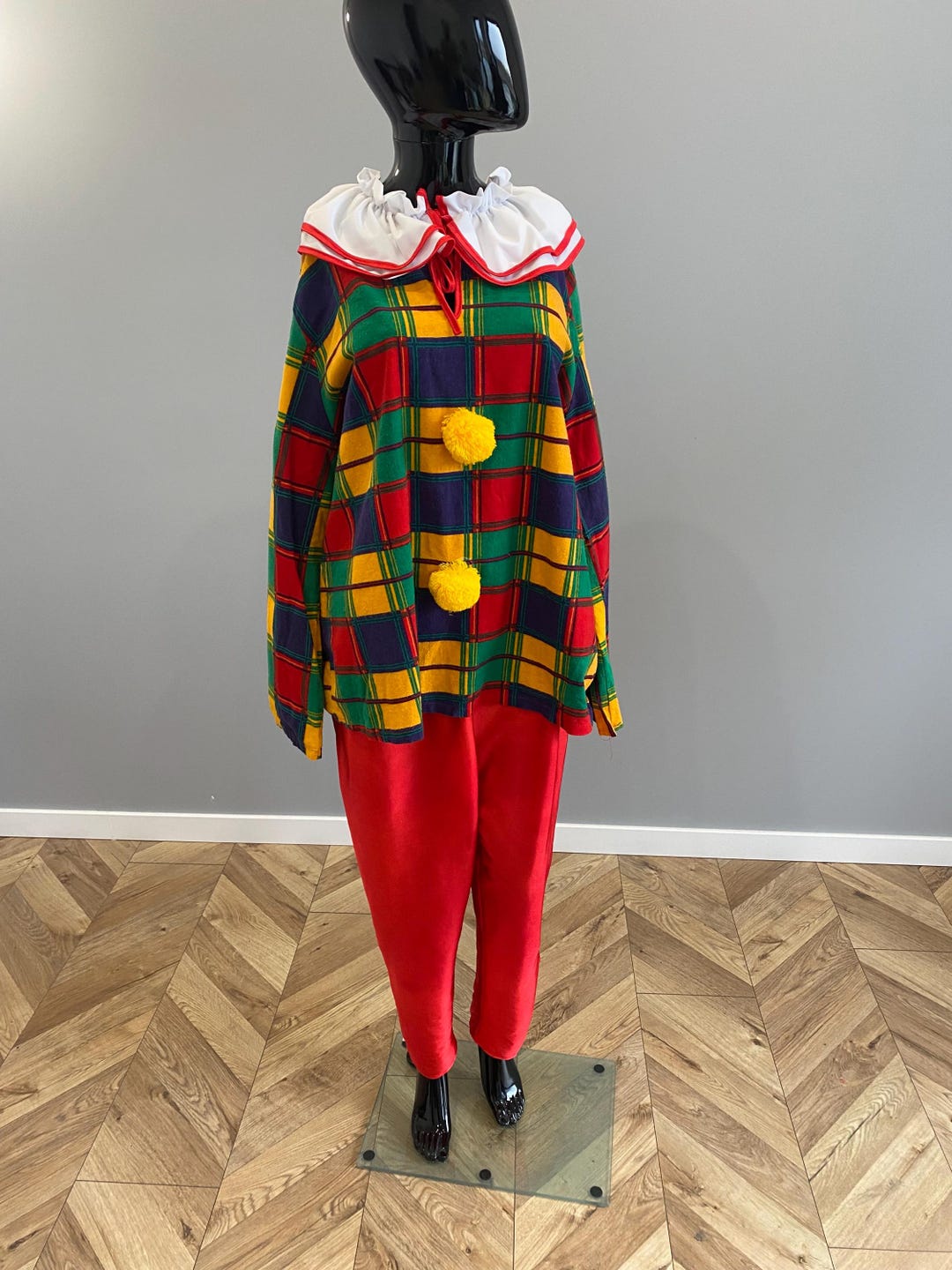 Vintage Clown Costume Adult Colorful Plaid Shirt Red Pants Set Circus ...