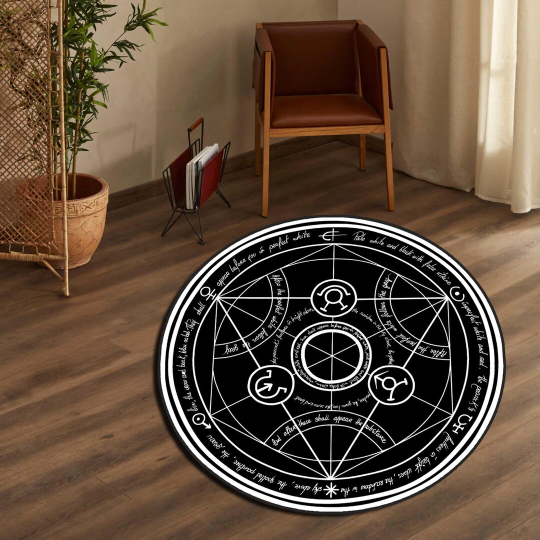 Round Alchemy Rug, Occult Symbol Circle Rug, Black and White Rug ...