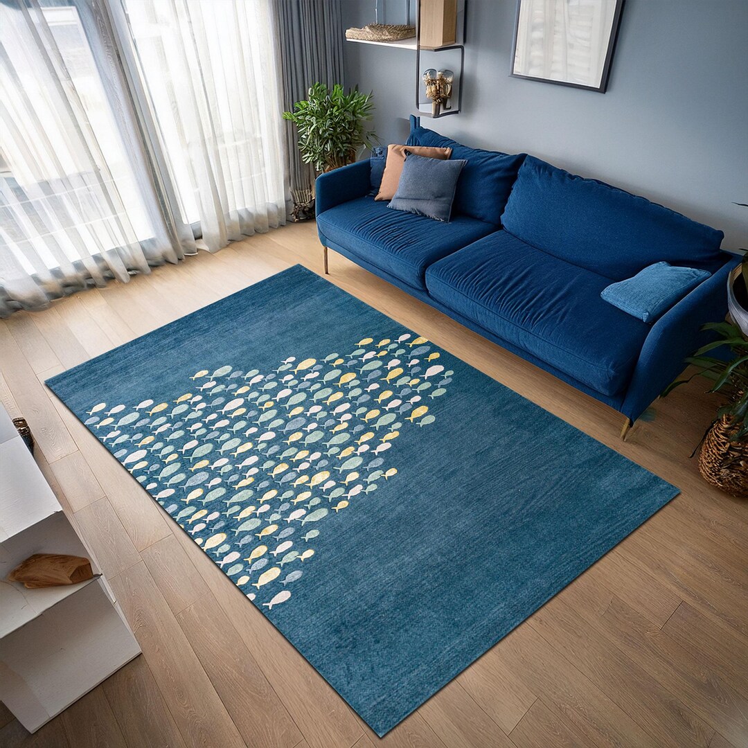 Blue Fish Area Rug: Sea Themed, Washable Kitchen Rug - Etsy