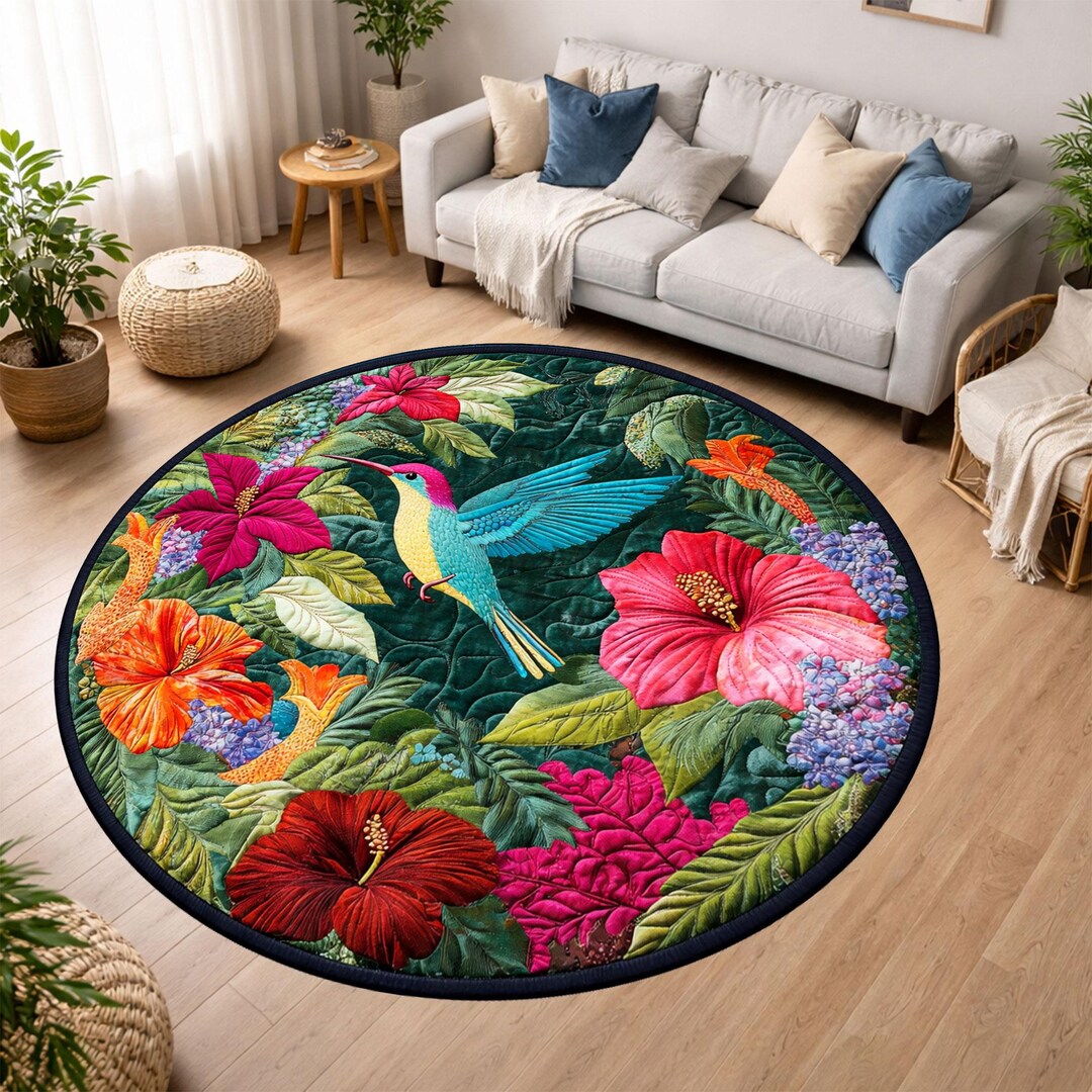 Round Hummingbird Rug, Tropical Floral Area Carpet, Jungle Botanical ...