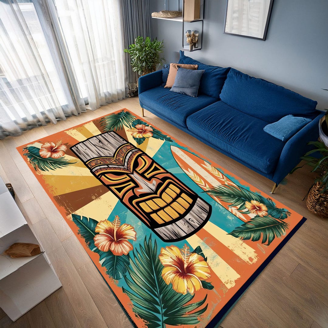 Tiki Mask Rug, Tiki Mask Patterned Rug, Hawaii Decor, Dijital Print Rug ...