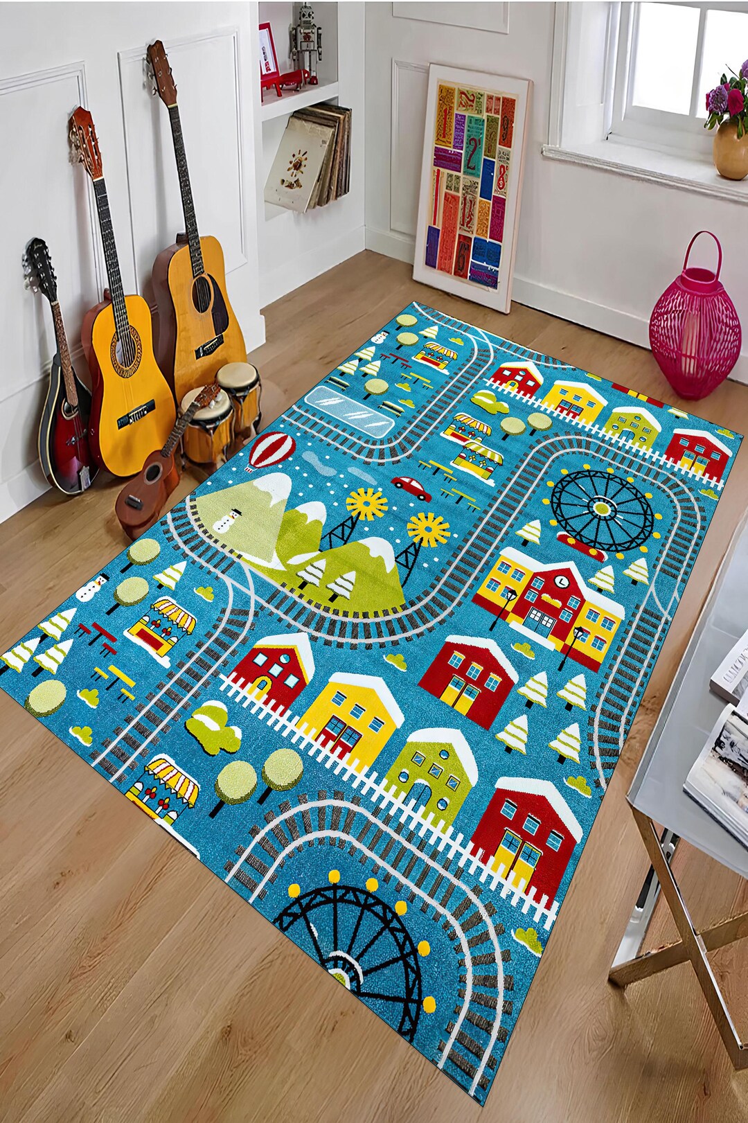 Kids City Play Rug – Blue Road Map, Train Tracks Playroom Carpet - Etsy