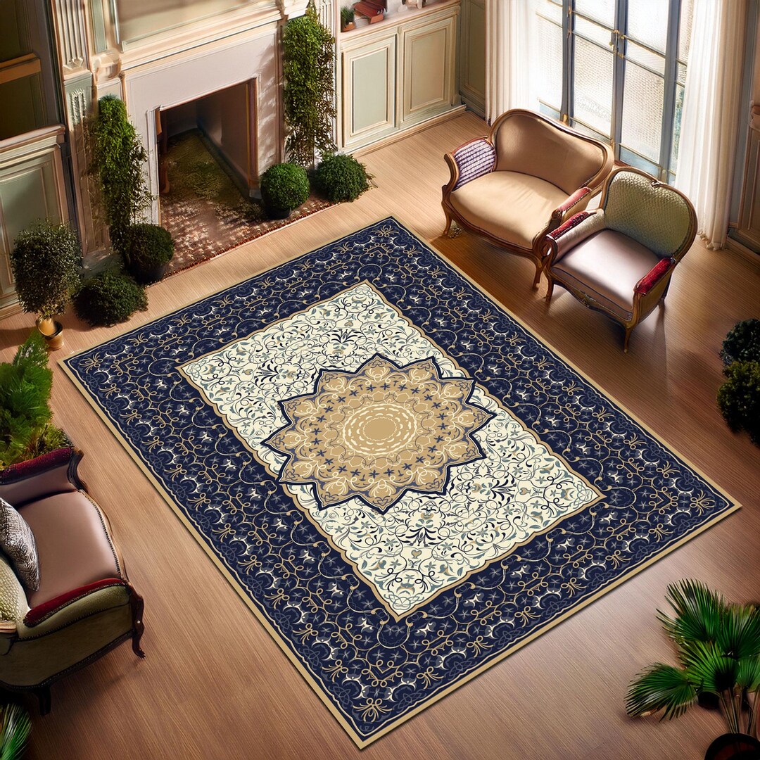 Navy Blue Mandala Rug: Digital Print, Islamic Art Inspired - Etsy