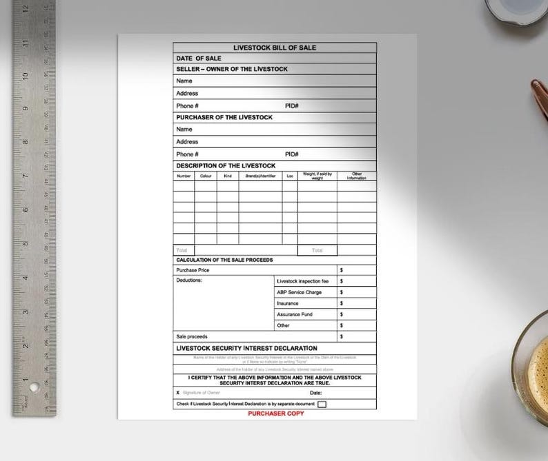 Livestock Bill of Sale Template PDF | Printable Buyer & Seller Form ...