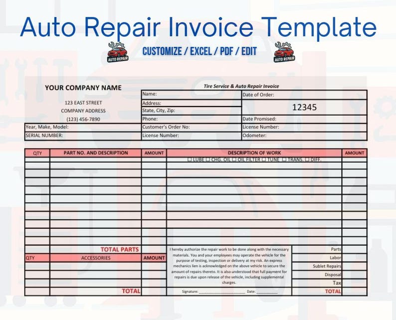 Auto Repair Invoice Template | Mechanic Receipt Form | Editable PDF ...