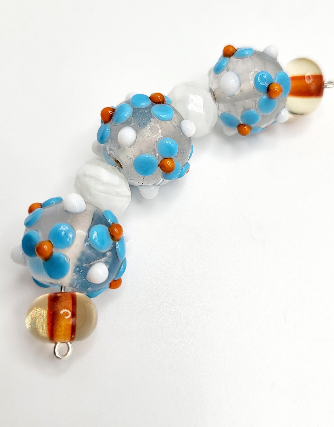 NEW Aqua and White Lovely Focal Point Lamp Work Glass Bead Design 17 MM ...