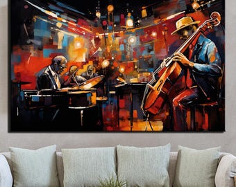 Jazz Club, Night and Music, Concert, Orchestra, Oil Painting, Canvas ...