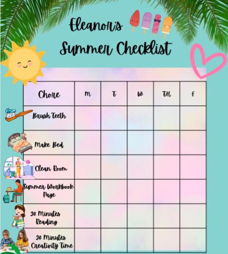 Summer Chore Checklist Chart - Etsy