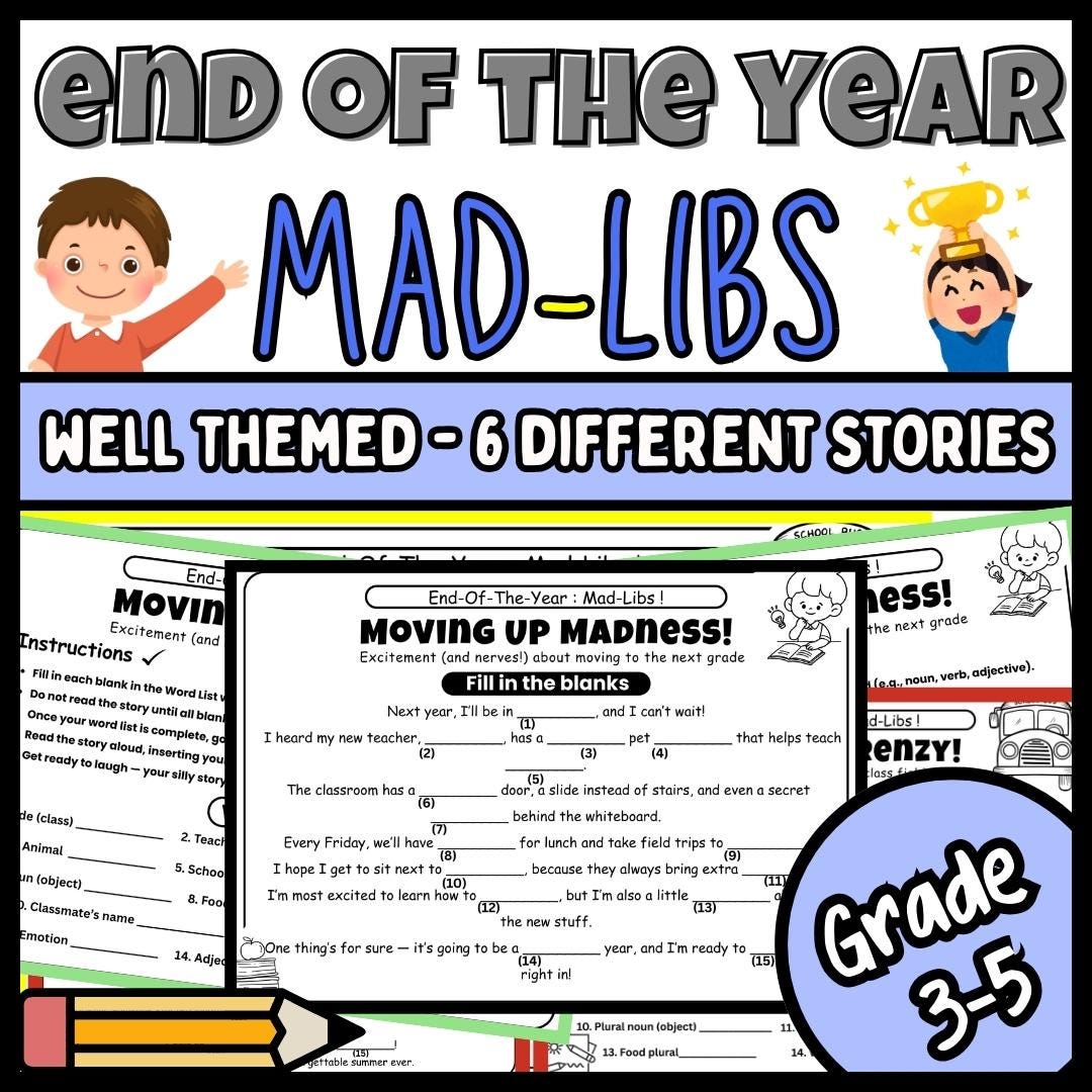 End of the Year Mad Libs | Funny Grammar Activity | 6 Editable ...
