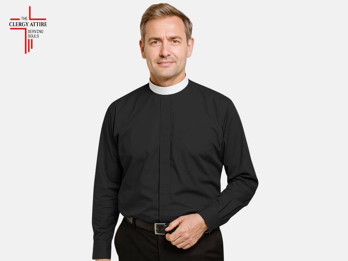 Black Clergy Shirt Full Collar | Banded Collar Long Sleeve Pastor ...