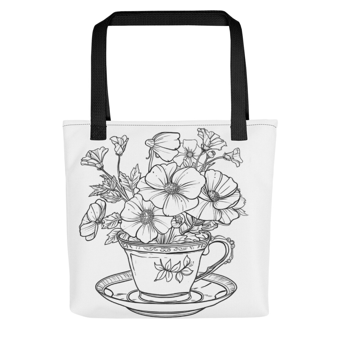 Teacup Flowers Color-me Tote Bag Coloring Therapy DIY Bag - Etsy