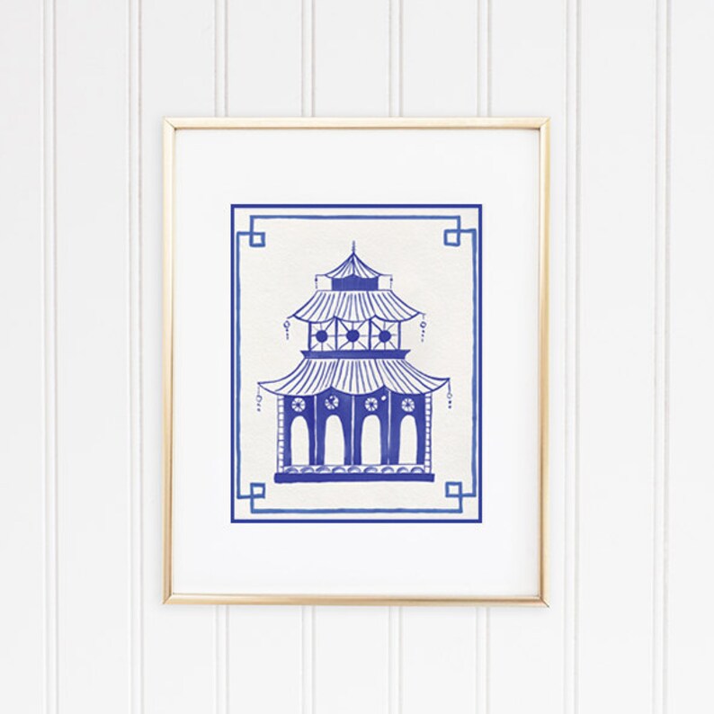 Preppy Art Blue Pagodas Blue and White Decor Pagoda - Etsy