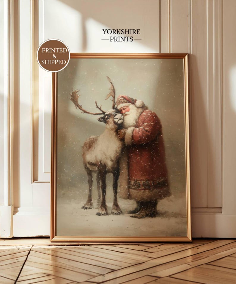 Santa With Reindeer Vintage Painting | Cozy Christmas Wall Art ...