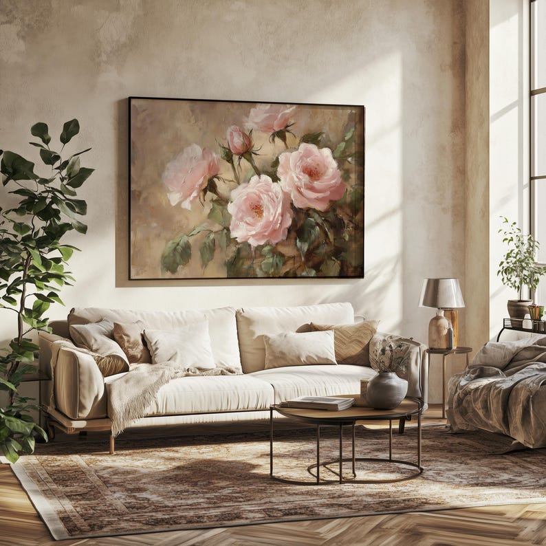 Pink Rose Oil Painting Print, Vintage Botanical Fine Art Poster ...