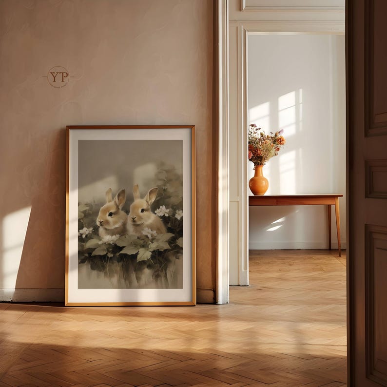 Vintage Baby Bunny Art Print, Two Rabbits Nursery Decor, Fine Art ...