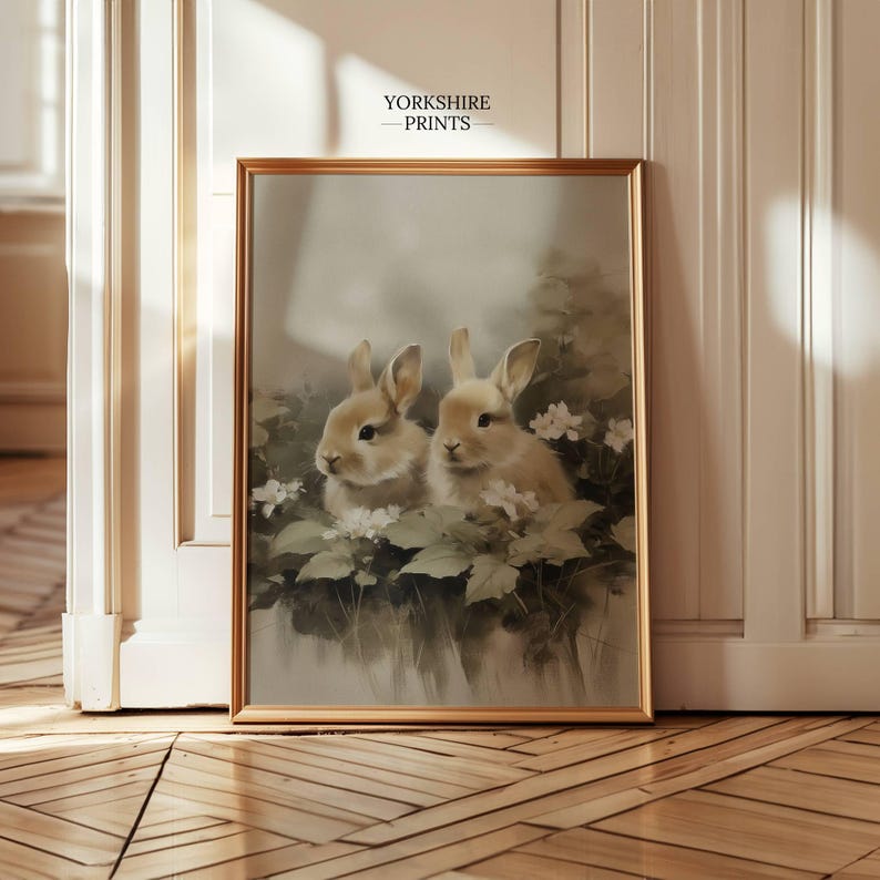 Vintage Baby Bunny Art Print, Two Rabbits Nursery Decor, Fine Art ...