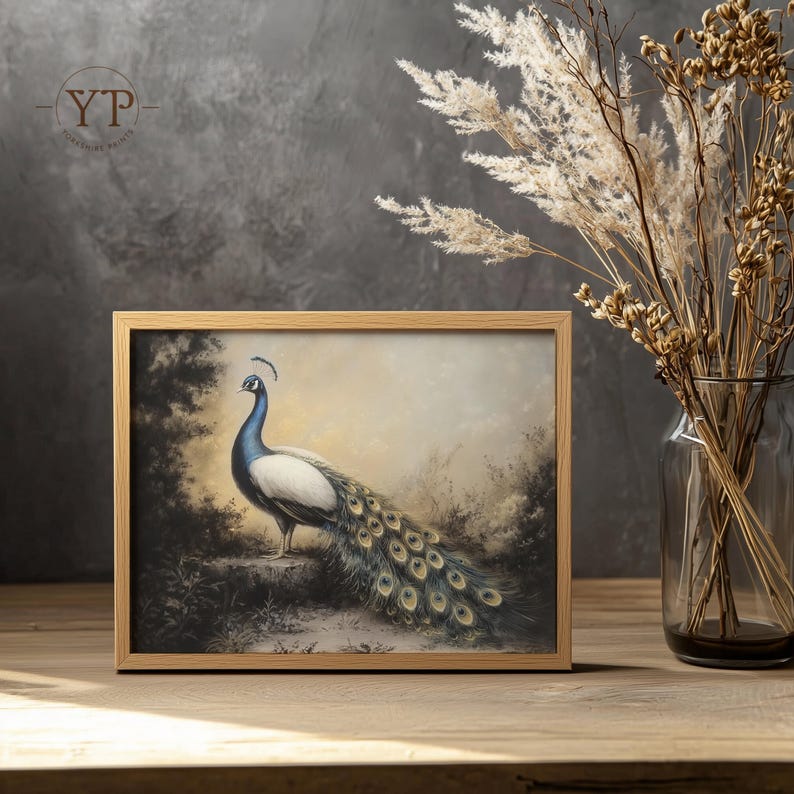 Vintage Peacock Wall Art Print, Elegant Botanical Bird Painting ...