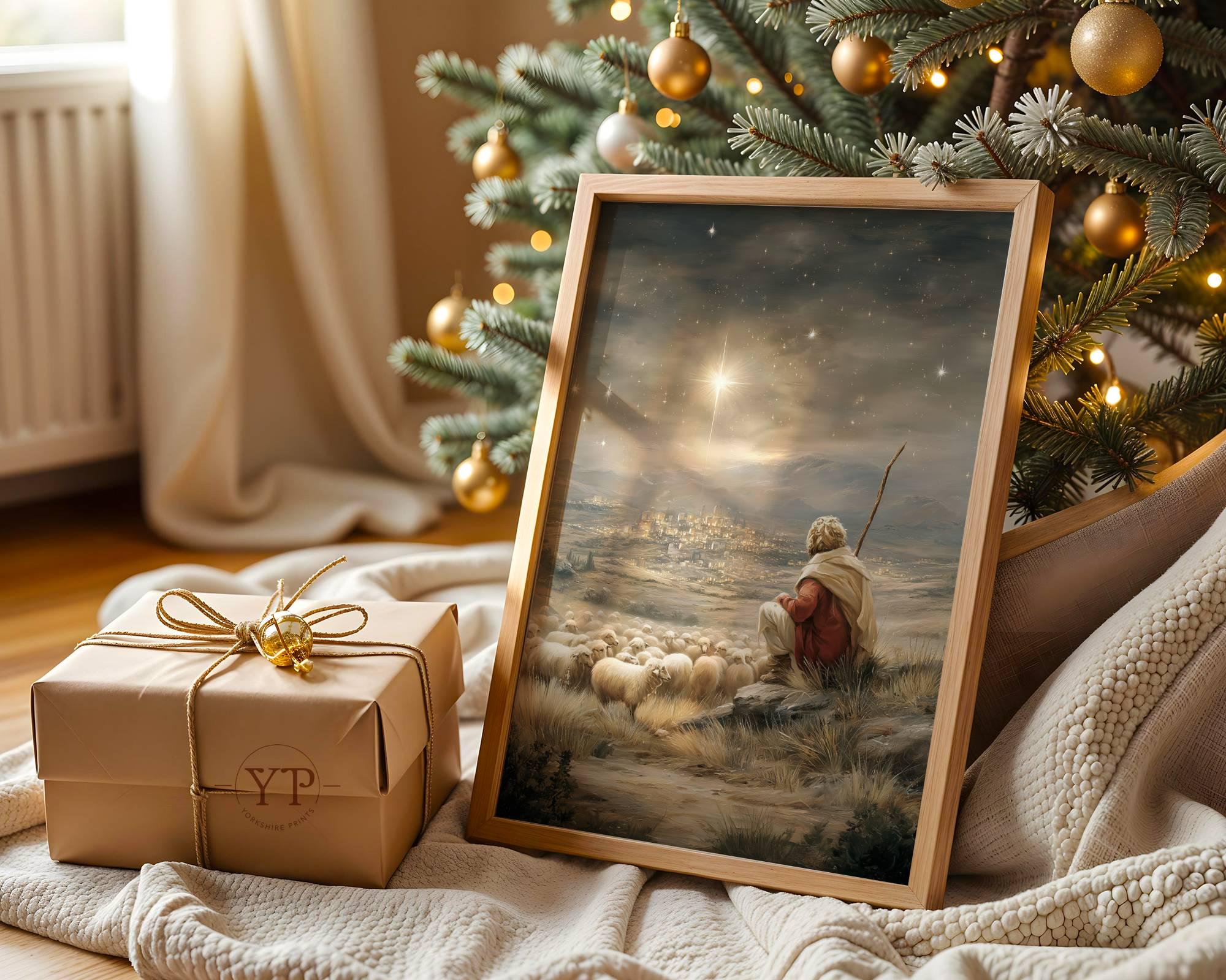 Nativity Star of Bethlehem Painting, Shepherd and Flock Biblical ...