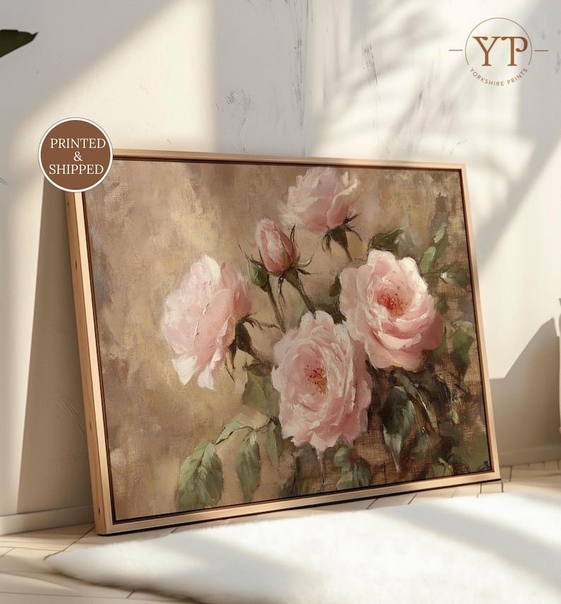 Pink Rose Oil Painting Print, Vintage Botanical Fine Art Poster ...