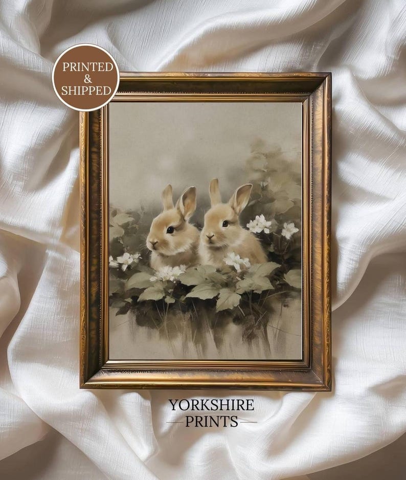Vintage Baby Bunny Art Print, Two Rabbits Nursery Decor, Fine Art ...
