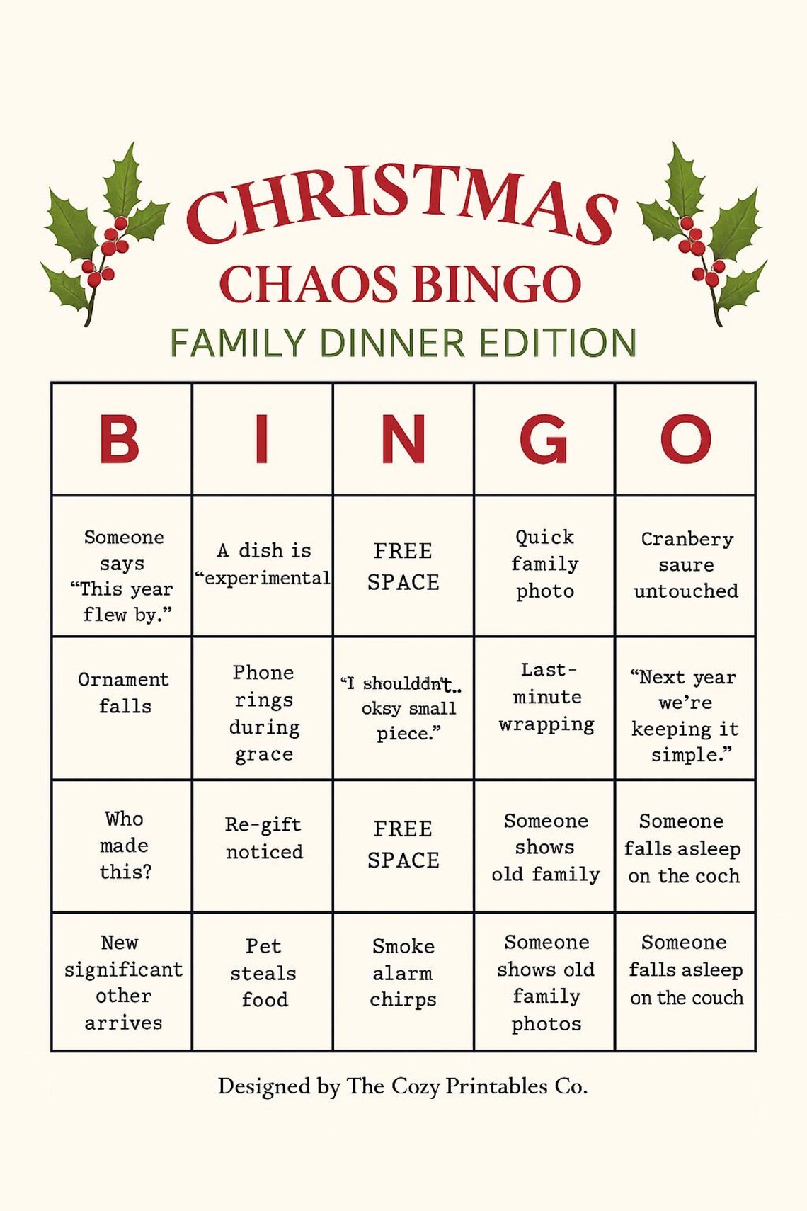 Christmas Chaos Bingo - Funny Family Dinner Game - - Instant Download ...