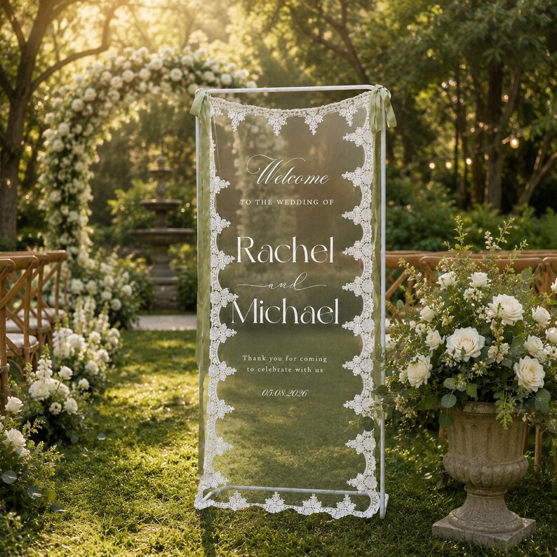 Personalized Lace Wedding Welcome Sign, Custom Sheer Wedding Banner ...