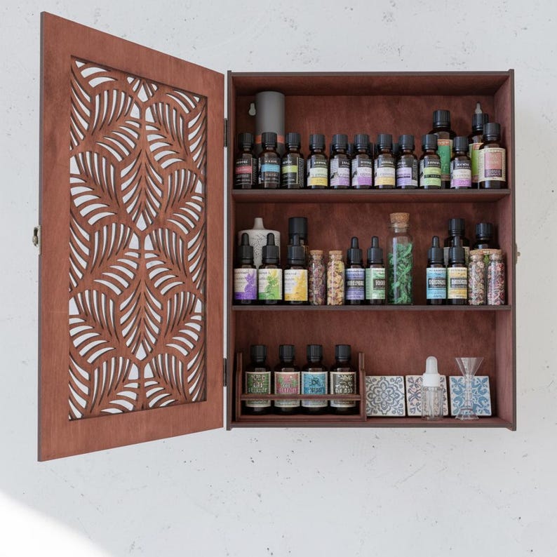 Wall Mounted Essential Oil Cabinet, Wooden Oil Storage Cabinet, Small ...